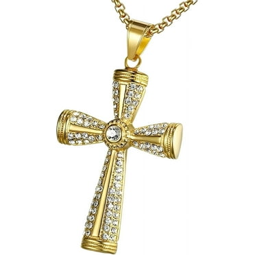 14K Yellow Gold Hip Hop Iced Out Double Cross Pendant Collar Chains ...