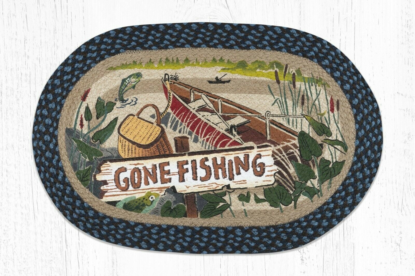 GONE FISHING Boat 100% Natural Braided Jute Rug, 20" x 30" Oval, Earth ...