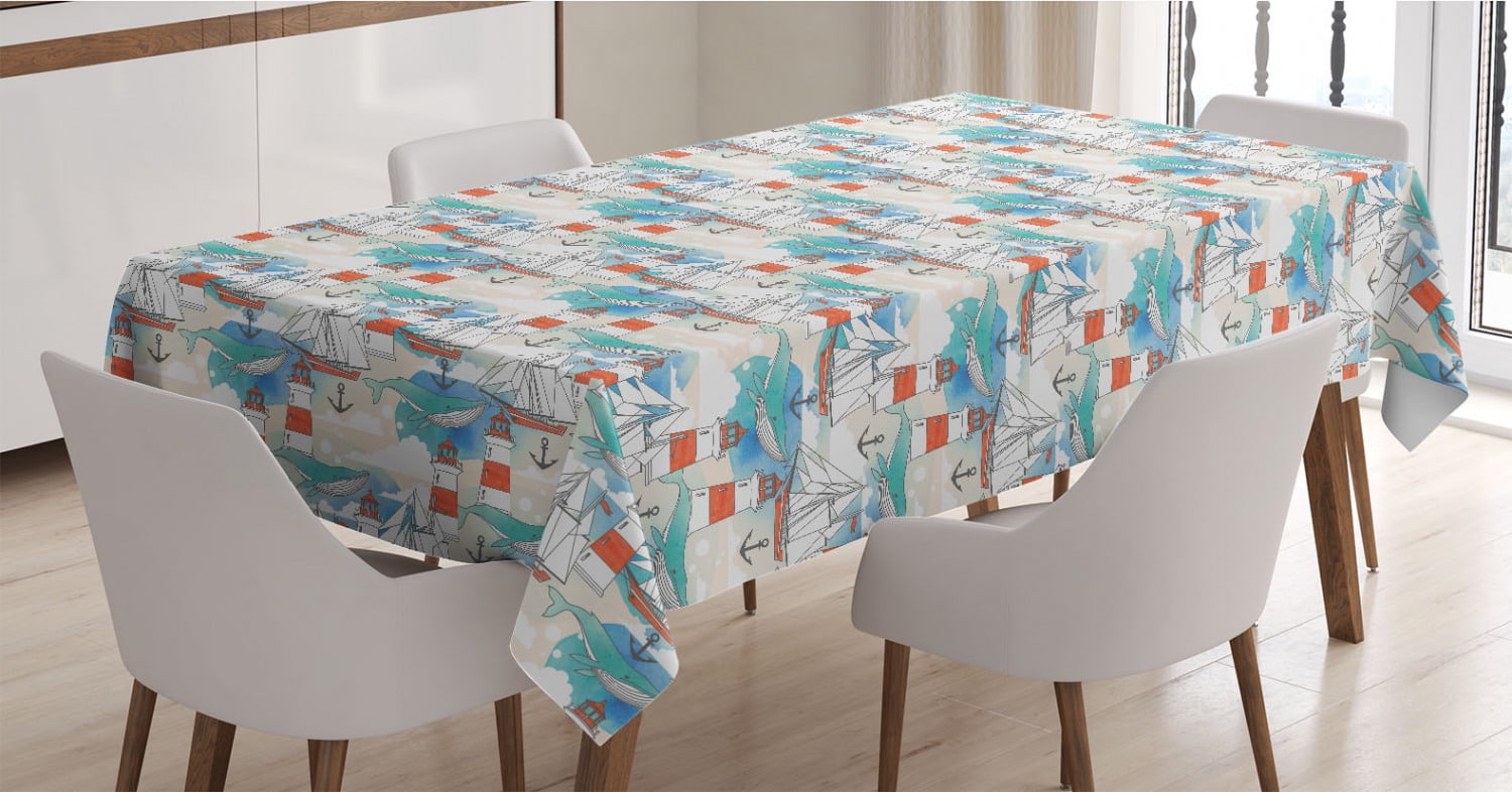 Lighthouse Tablecloth, Abstract Whale Anchor and Boats Pattern Sky ...