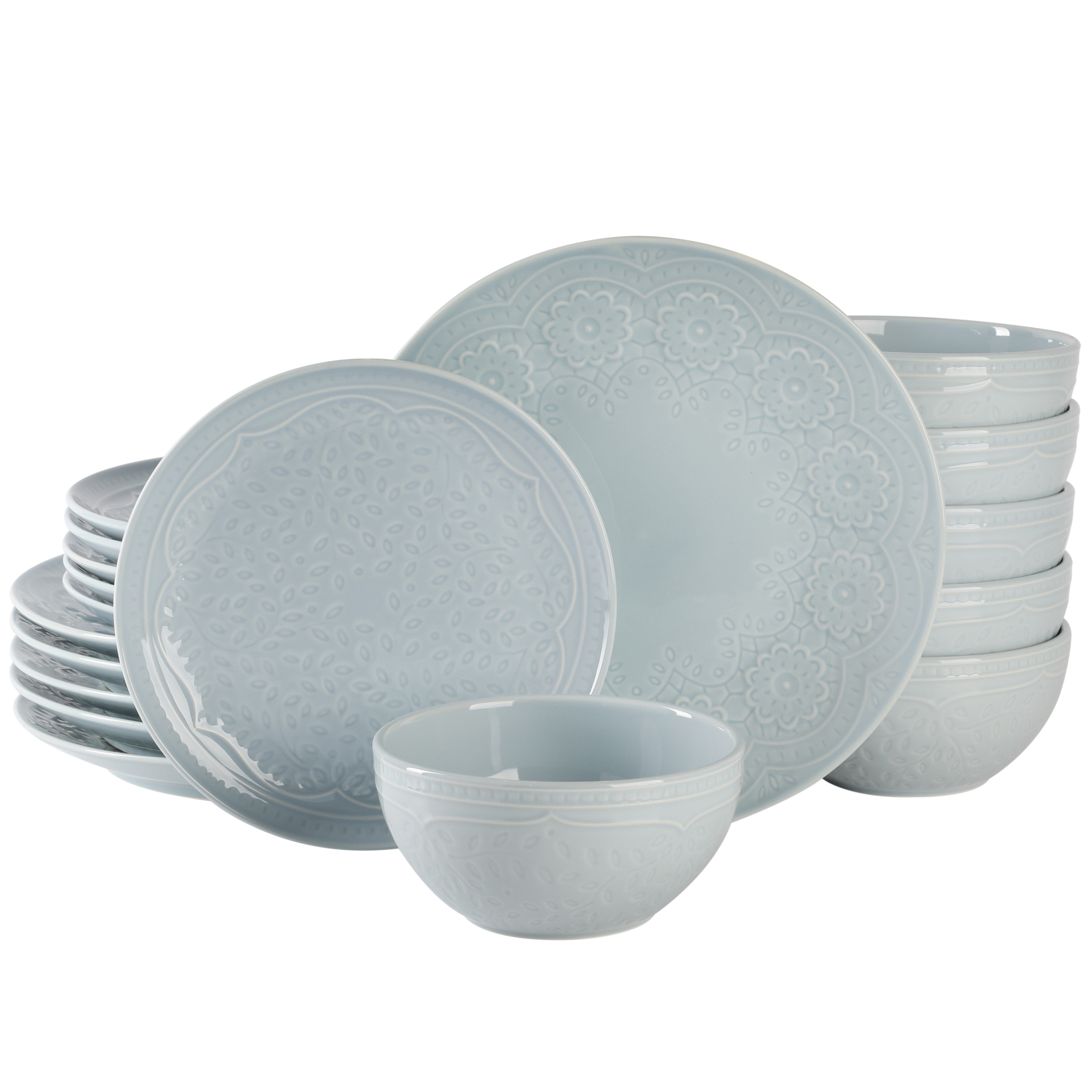 Gibson Elite Alemany 18 Piece Embossed Dinnerware Set - Aqua Blue ...