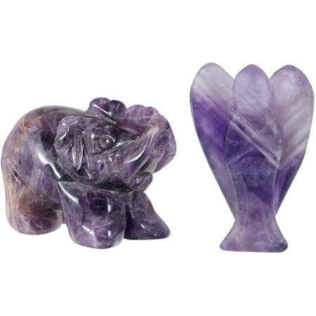 HTWW Carved Amethyst Elephant Crystal & Guardian Angel Figurines Set ...