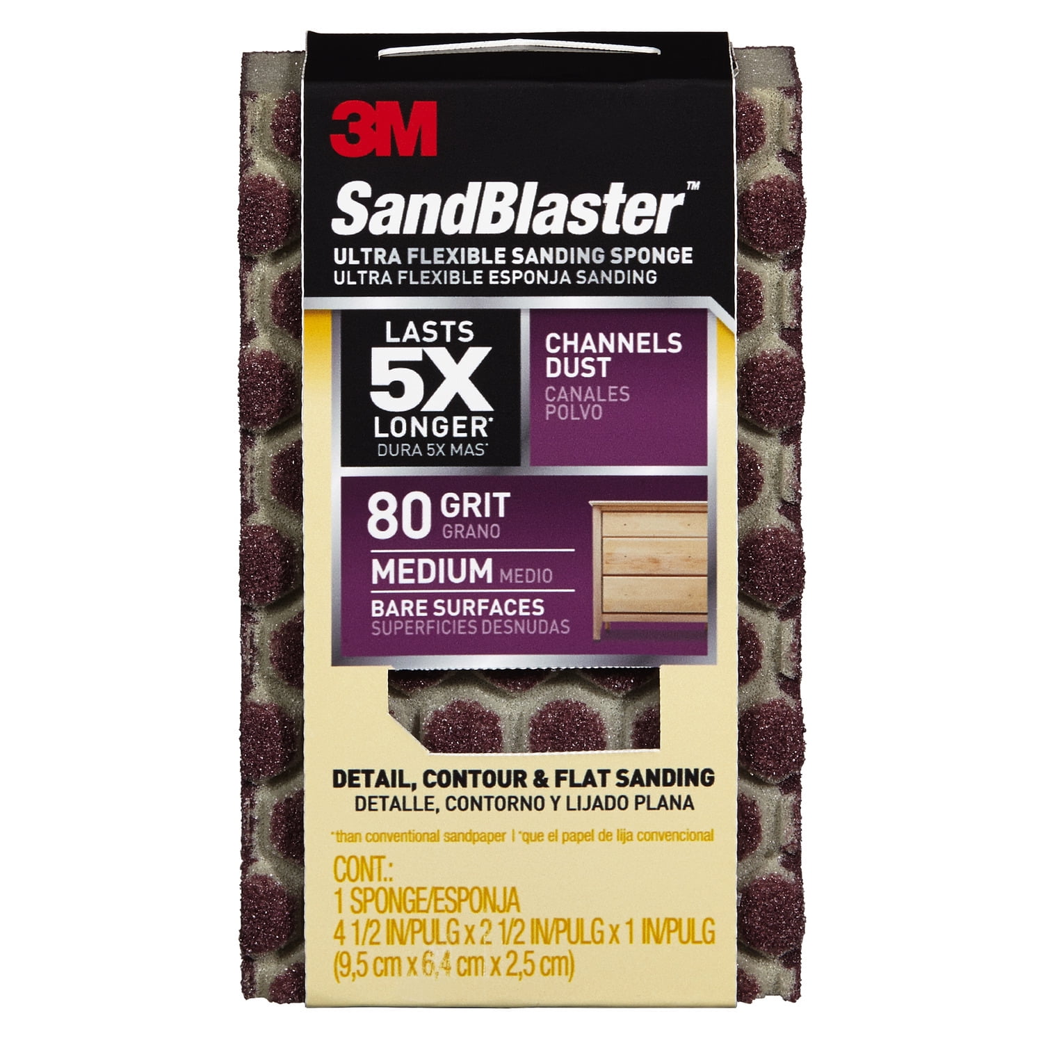 3M SandBlaster Sanding Sponge, Maroon, 3.75 in. x 2.5 in. x 1 in., 80 ...