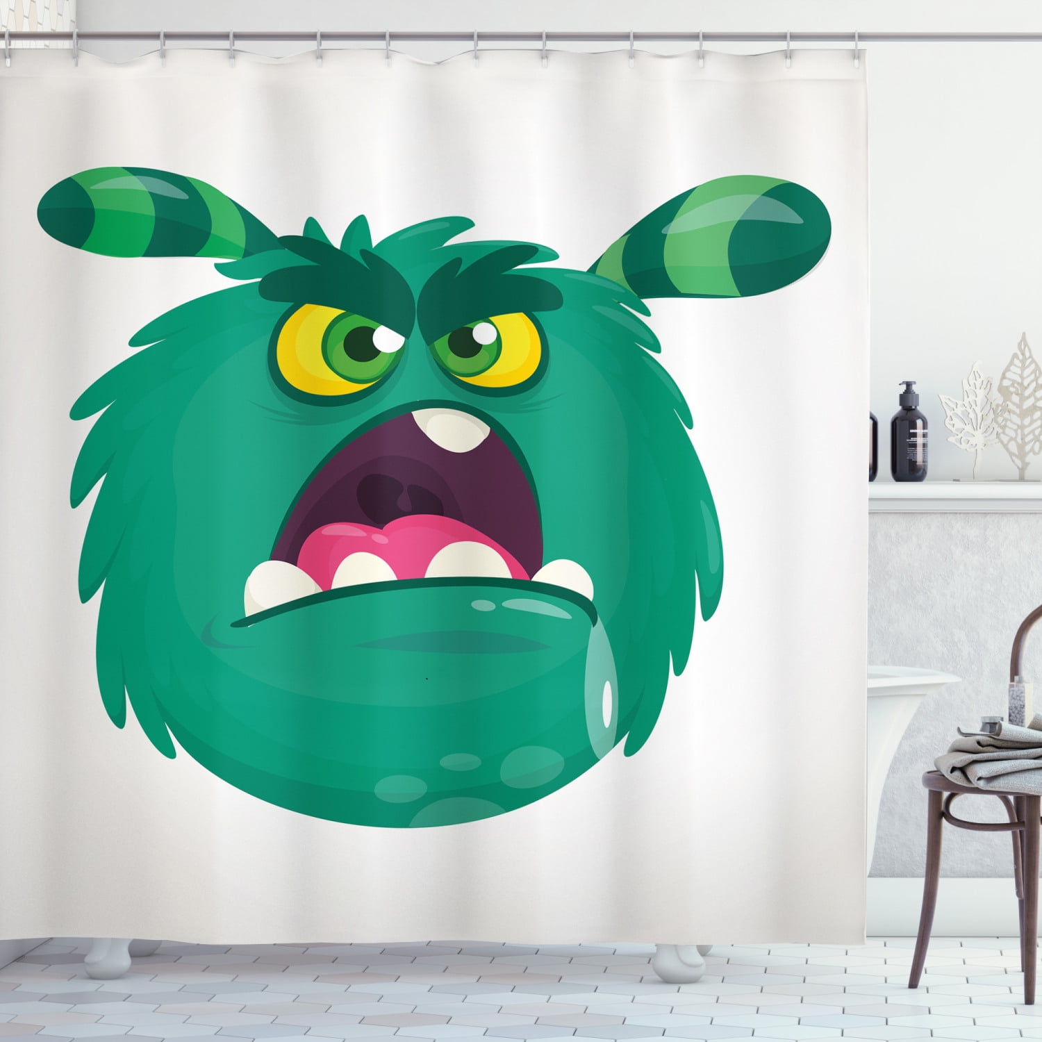 Alien Shower Curtain, Fluffy Monster Angry Face Expression Hungry Big ...