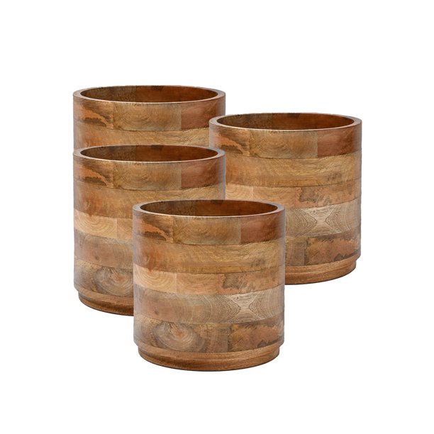 Large Mango Wood Cachepot for Plants - 9" Diameter & 8.5" Tall, Set of ...