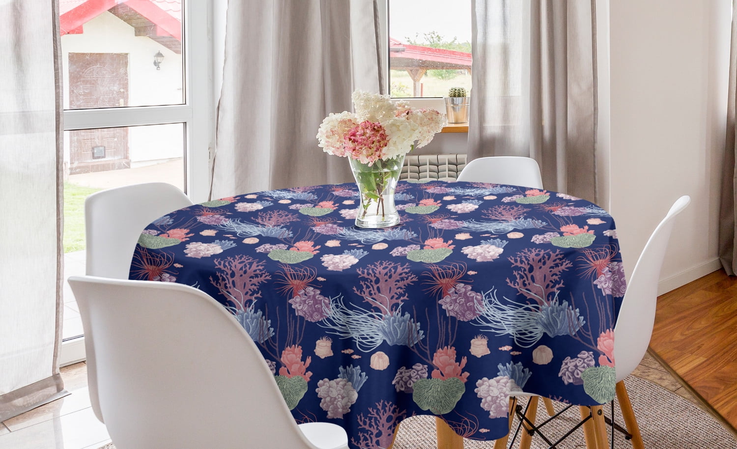 Nautical Round Tablecloth, Marine Theme Colorful Sea Plants Pattern ...