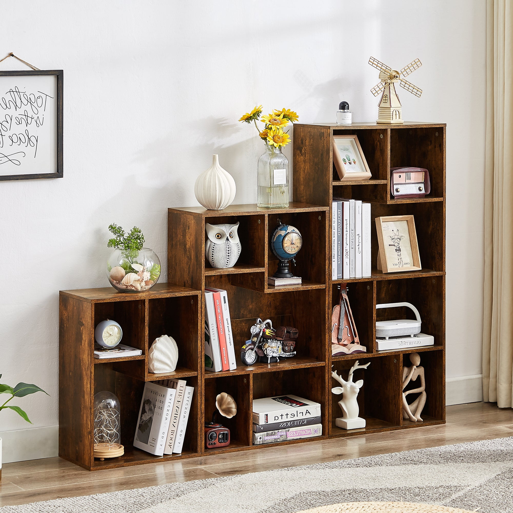 VECELO 3-Piece Wooden Bookcases Multi-Functional 15-Grid Bookshelf for ...