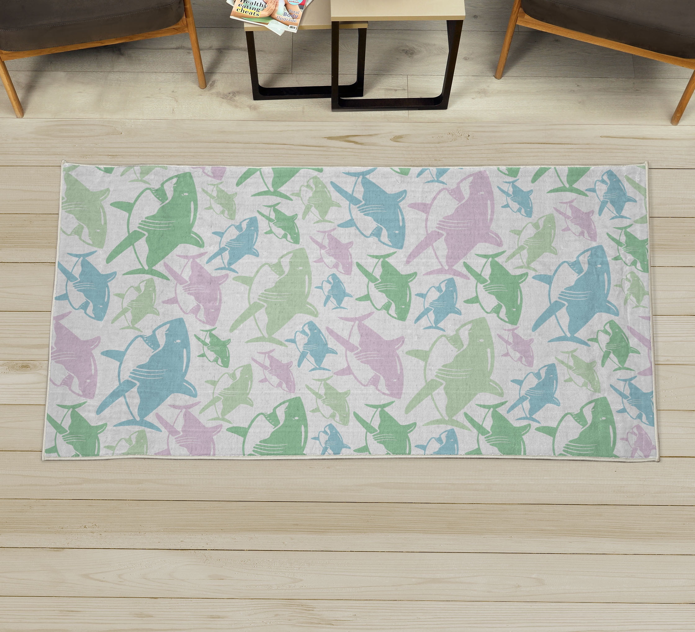 Shark Decorative Rug, Colorful Underwater Fish Pattern Masters Survival ...