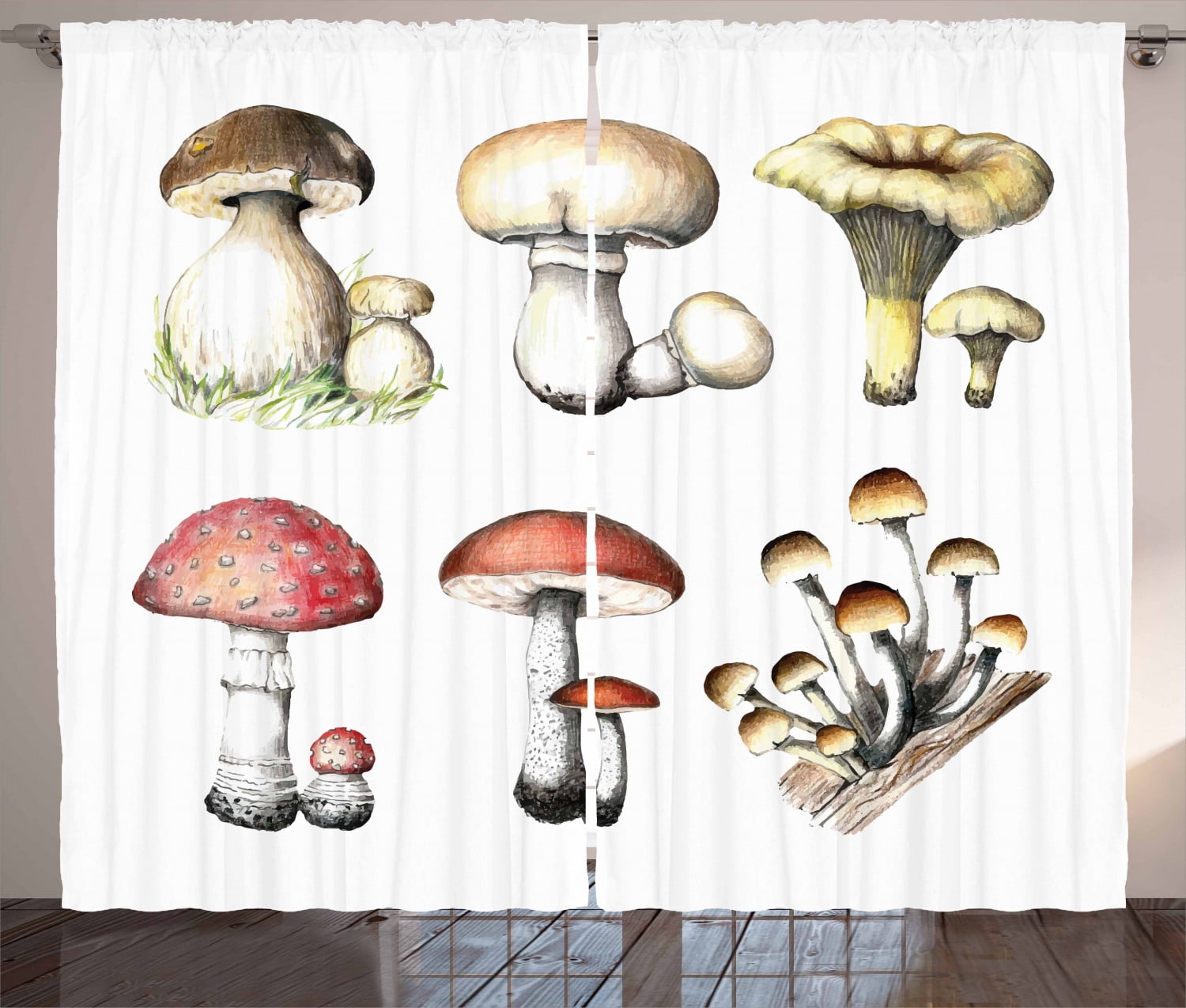 Mushroom Curtains 2 Panels Set, Hand Drawn Fungus Pattern Amanita ...