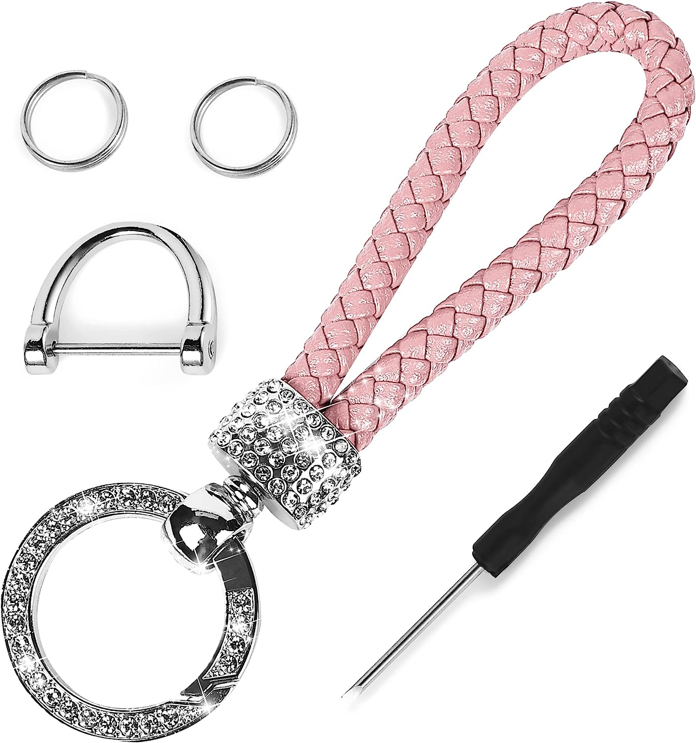 Silver Diamond-Studded Leather Car Keychains Metal Keyrings Braided ...