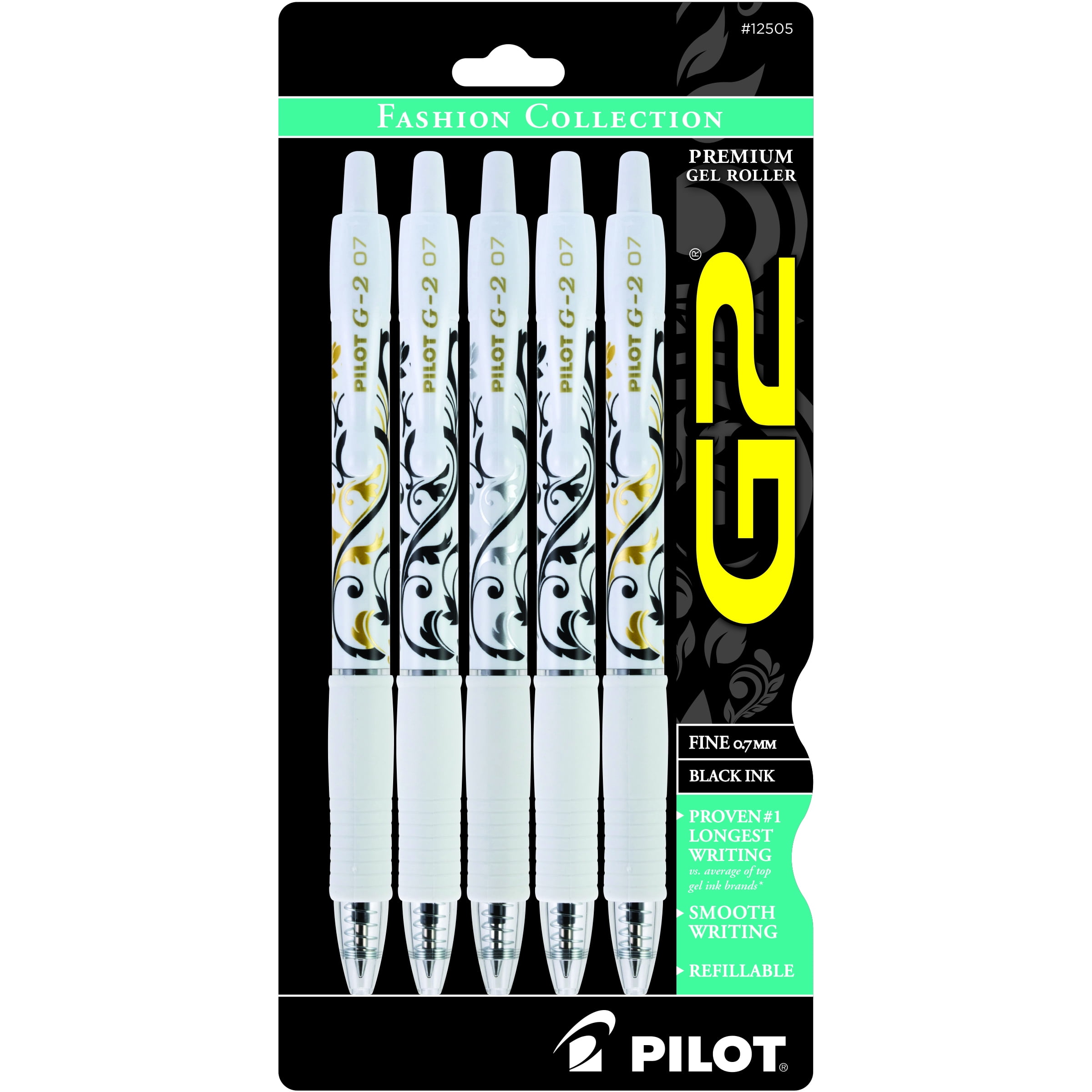 Pilot G2 Fashion White Pens, Fine, Asst Barrel Colors, Black Ink, 5 Pk ...