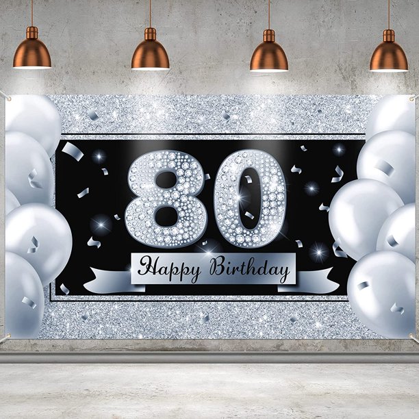 80th Happy Birthday Backdrop Banner Large Black and Silver 80 Anniversary Sign Poster 80th ...