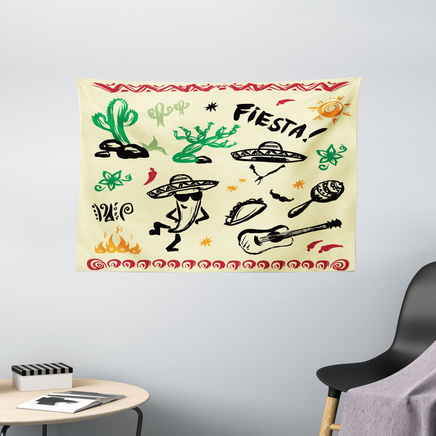 Mexican Decorations Tapestry, Popular Hispanic Objects with Fiesta Taco ...