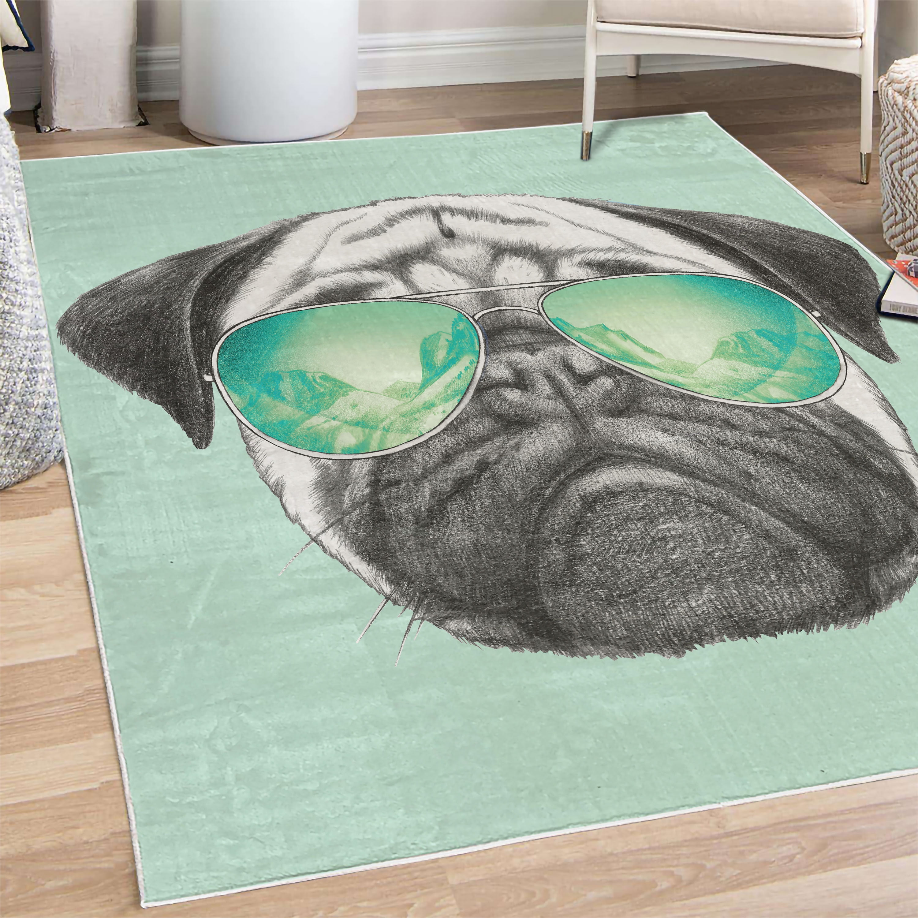 Pug Decorative Rug, Dog Portrait Mirror Sunglasses Hand Drawn ...