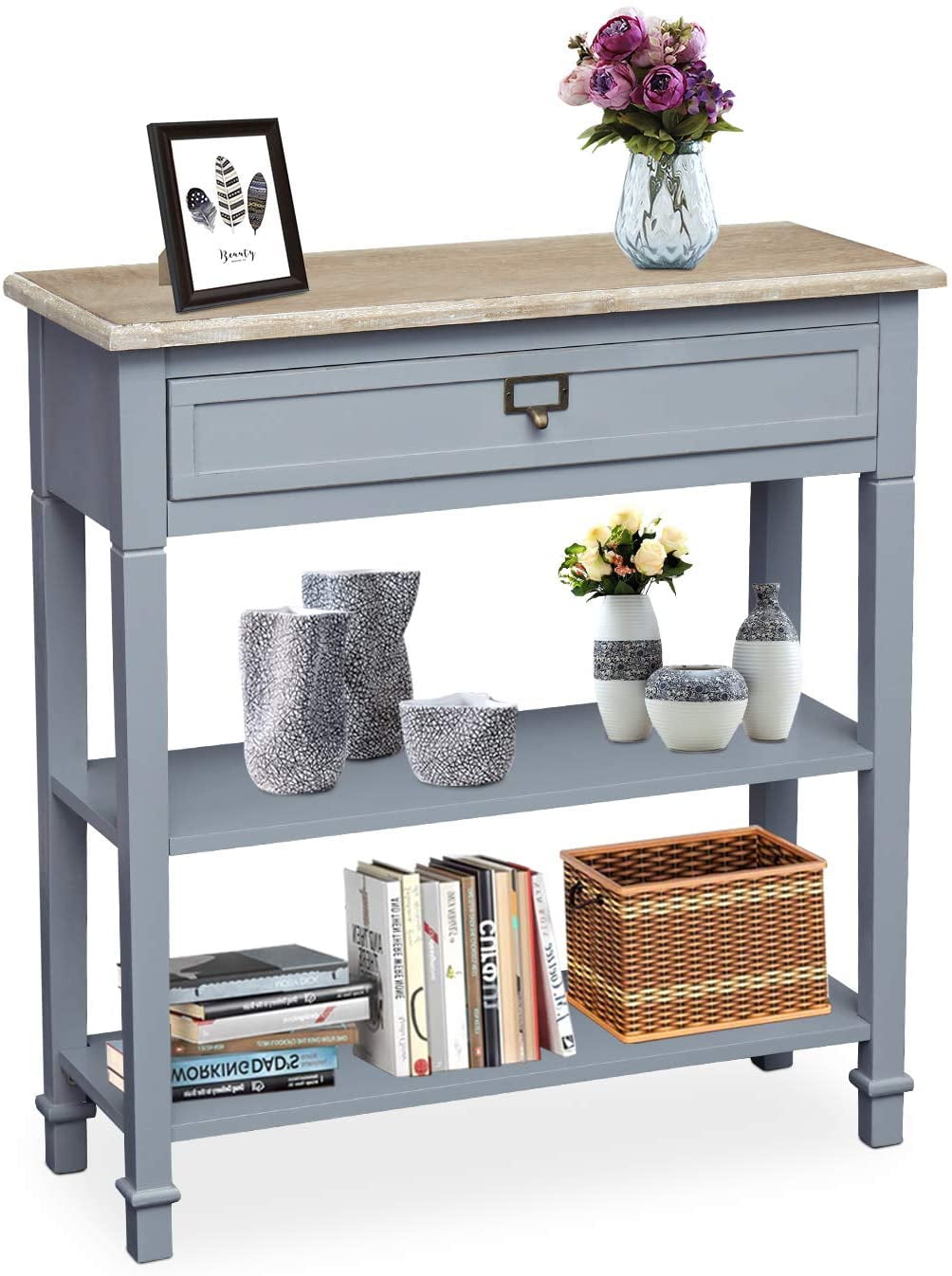 Kinbor Wood Console Table with Drawer and Storage Shelf Accent, Gray ...