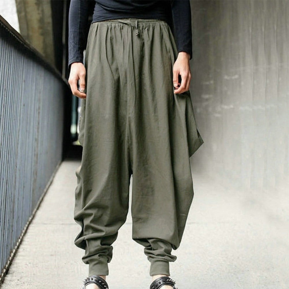 Alsliao Mens Japanese Casual Loose Harem Trousers Baggy Hippy Hakama