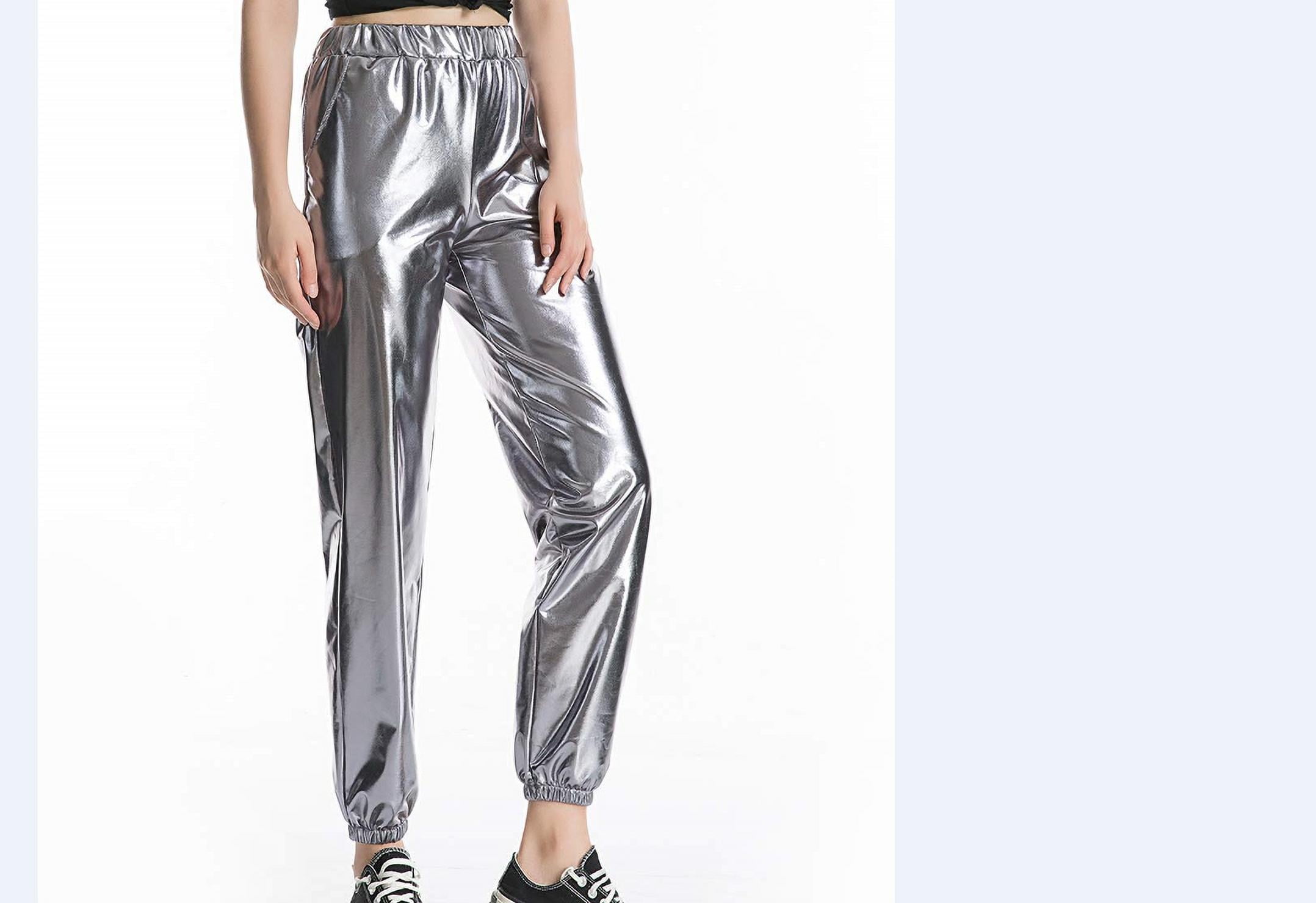One opening Women metallic shiny jogger casual pants high waist ...