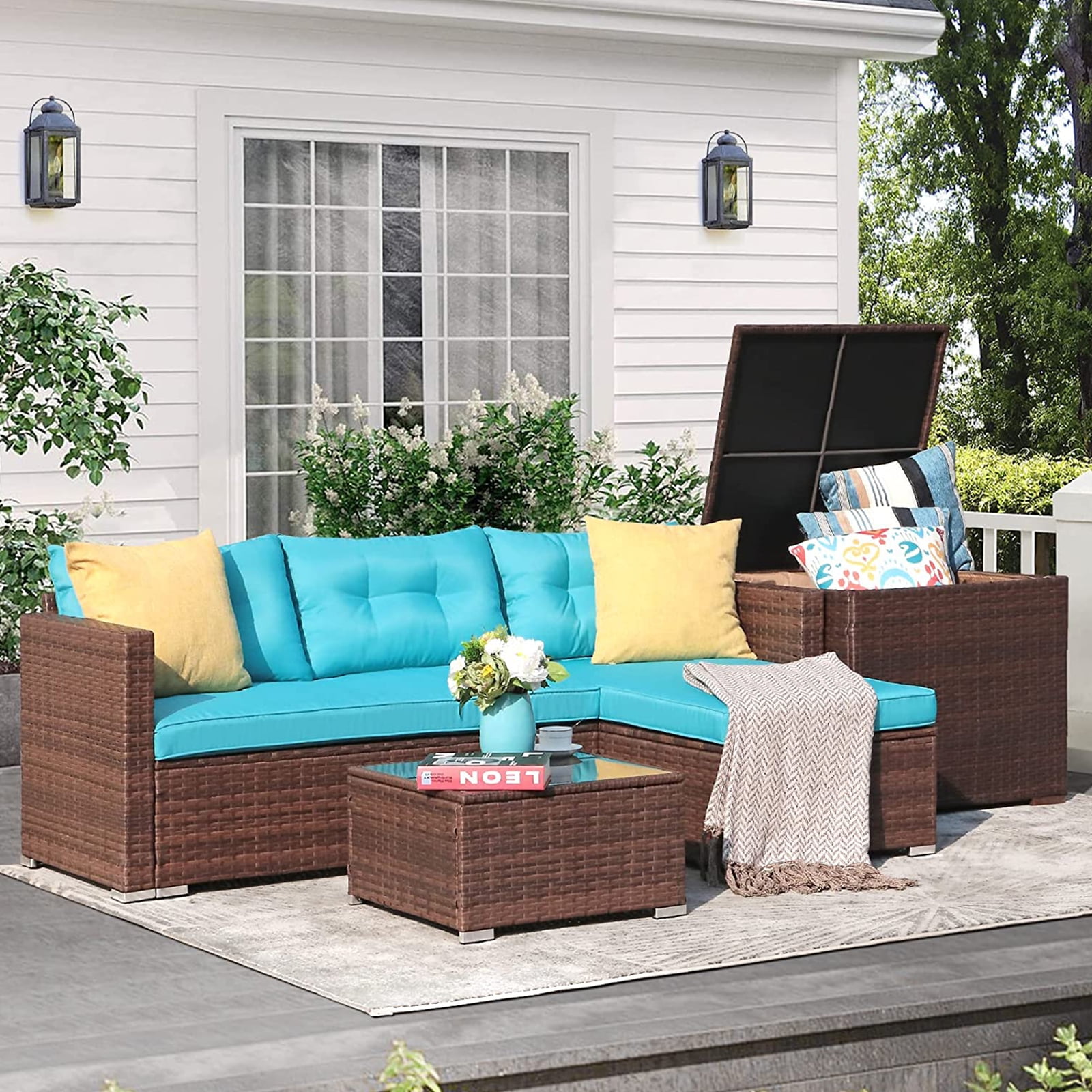 Patio Furniture Set, Outdoor Small Sectional Sofa Set with Storage Box ...