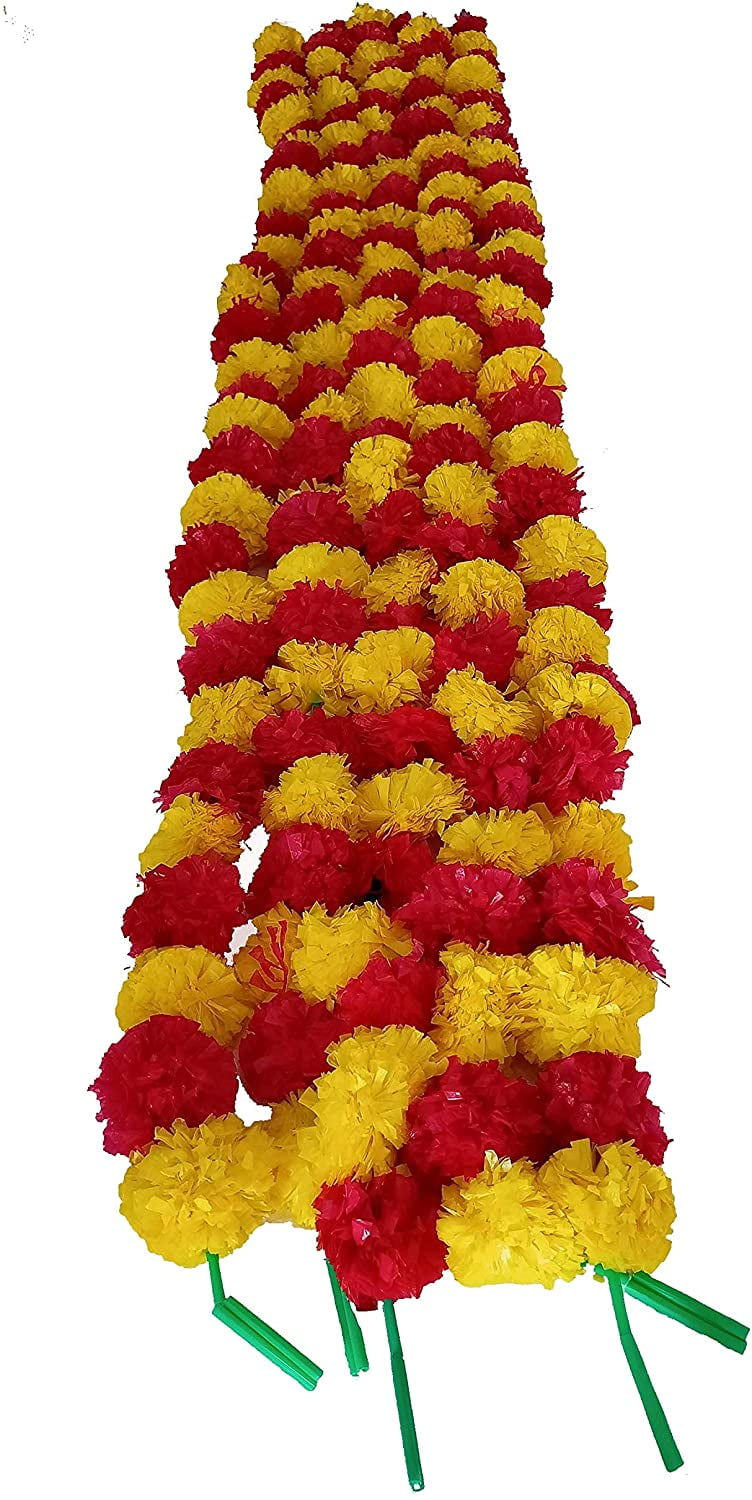 Sharvgun (Pack of 150 string) Artificial Yellow and Red Marigold Flower ...