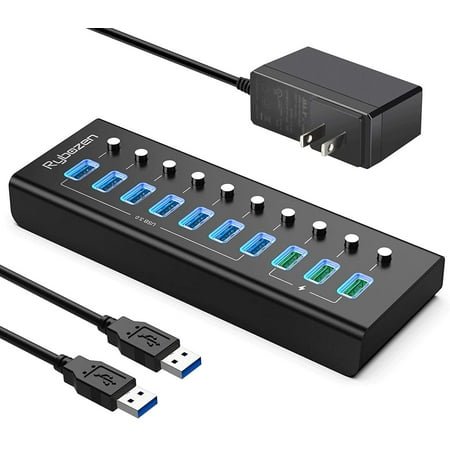 Powered USB Hub,10-Port USB 3.0 Hub with 7 USB 3.0 Data Ports + 3 USB ...