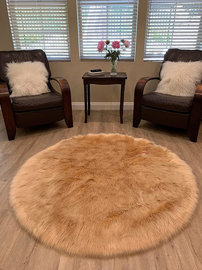Lambzy Faux Sheepskin Round Shag Area Rug for Living Room 6’ feet ...