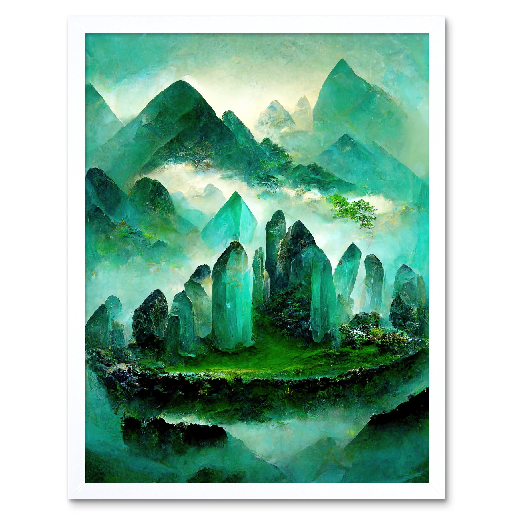 Mystical New Age Crystal Jade Green Landscape Painting Art Print Framed Poster Wall Decor 12x16 ...