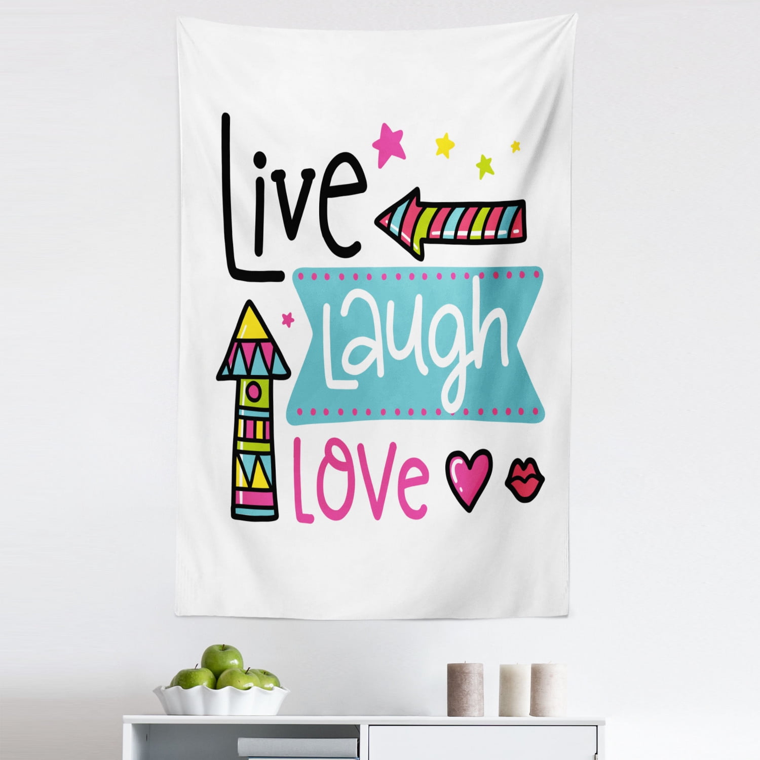 Live Laugh Love Tapestry, Lively Colors Cartoon Arrows with Geometric ...