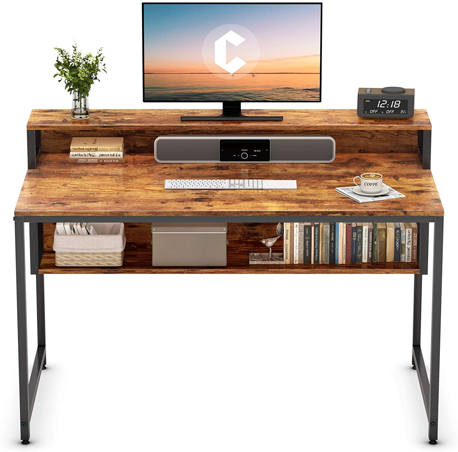 Cubicubi 47" Computer Desk with Storage Shelf and Bookshelf, Rustic ...