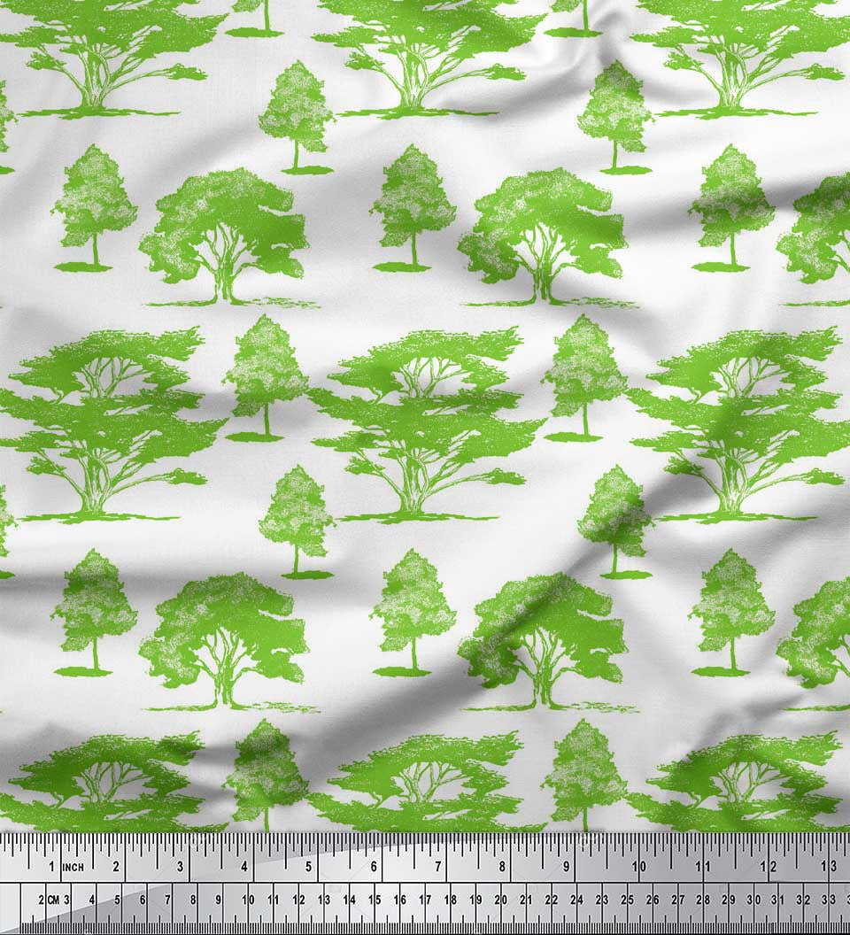Soimoi Green Modal Satin Fabric Sketch Tree Print Fabric by the Yard 42 ...