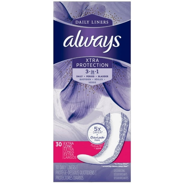 Always Xtra Protection 3 in 1 Daily Liners, Extra Long, 30 Count, 2 ...
