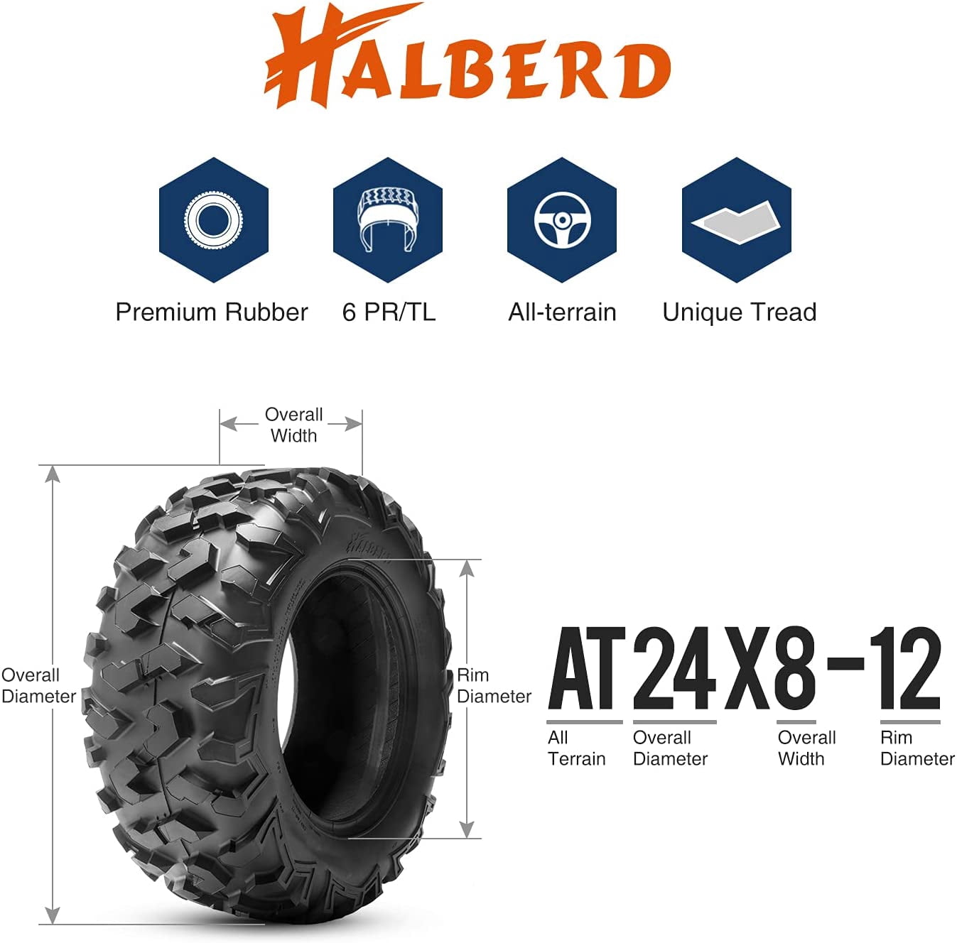 HALBERD 6PLY 24X8-12 24x8x12 ATV Tires All TerrainTrail 17mm Tread ...