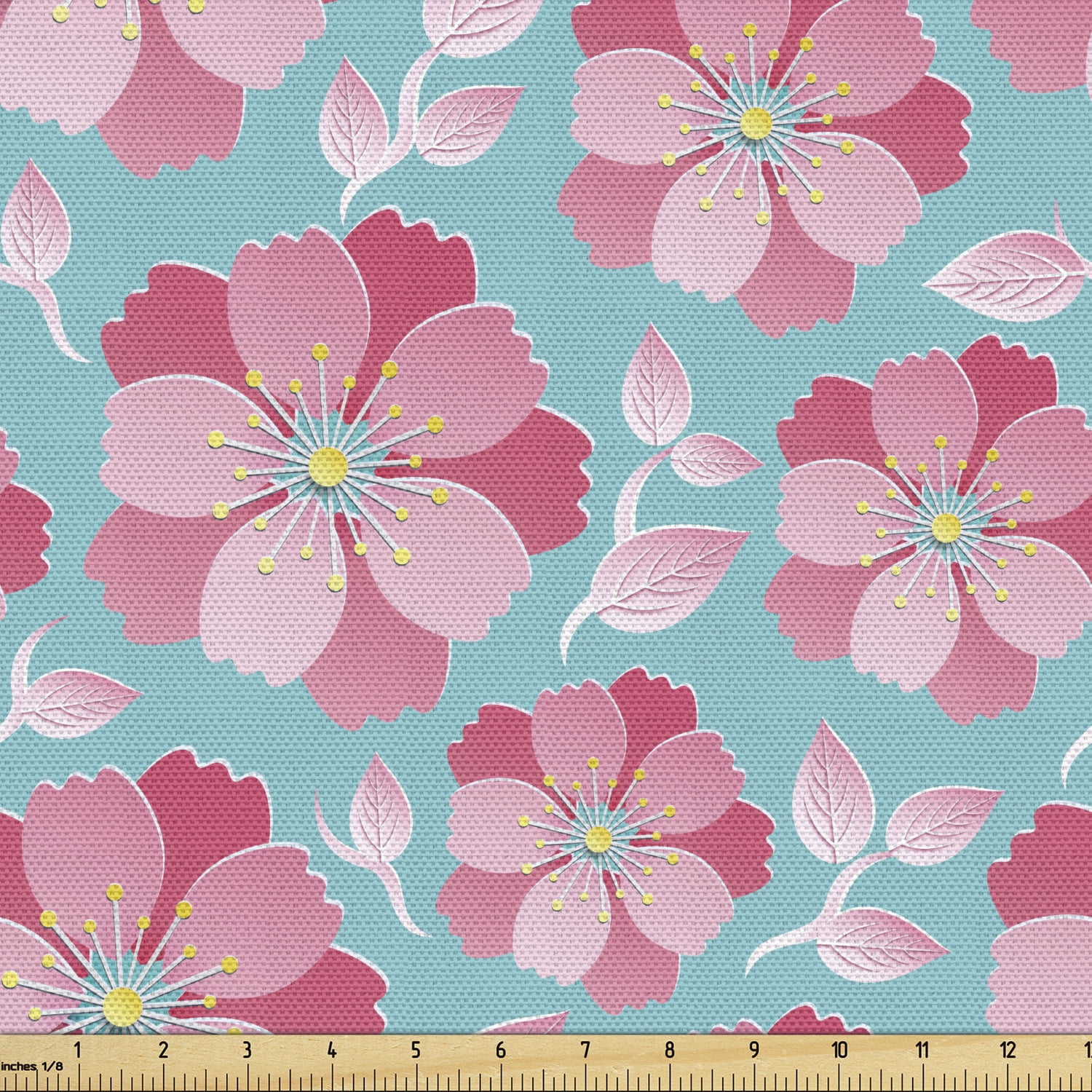 Blue and Pink Fabric by the Yard Upholstery, Abstract Petals and Leaves ...