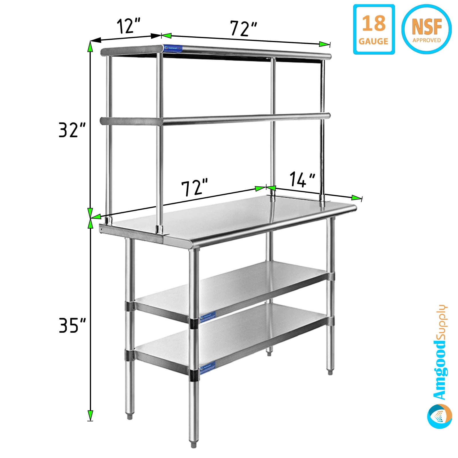 14" x 72" Stainless Steel Work Table With 2 Shelves | 12" Wide Double ...