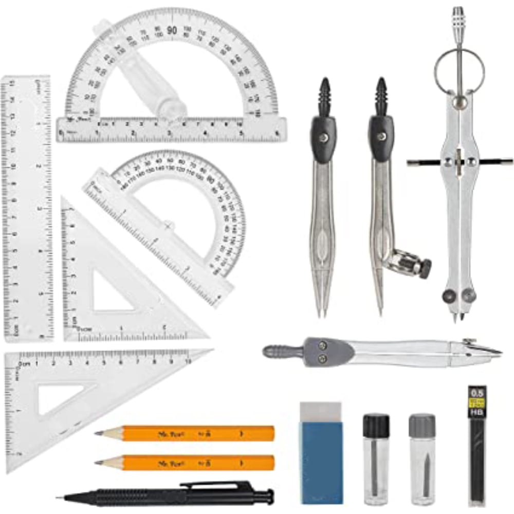 Dsseng 15-Piece Compass Set with Swing Arm Protractor (6 in), Student ...