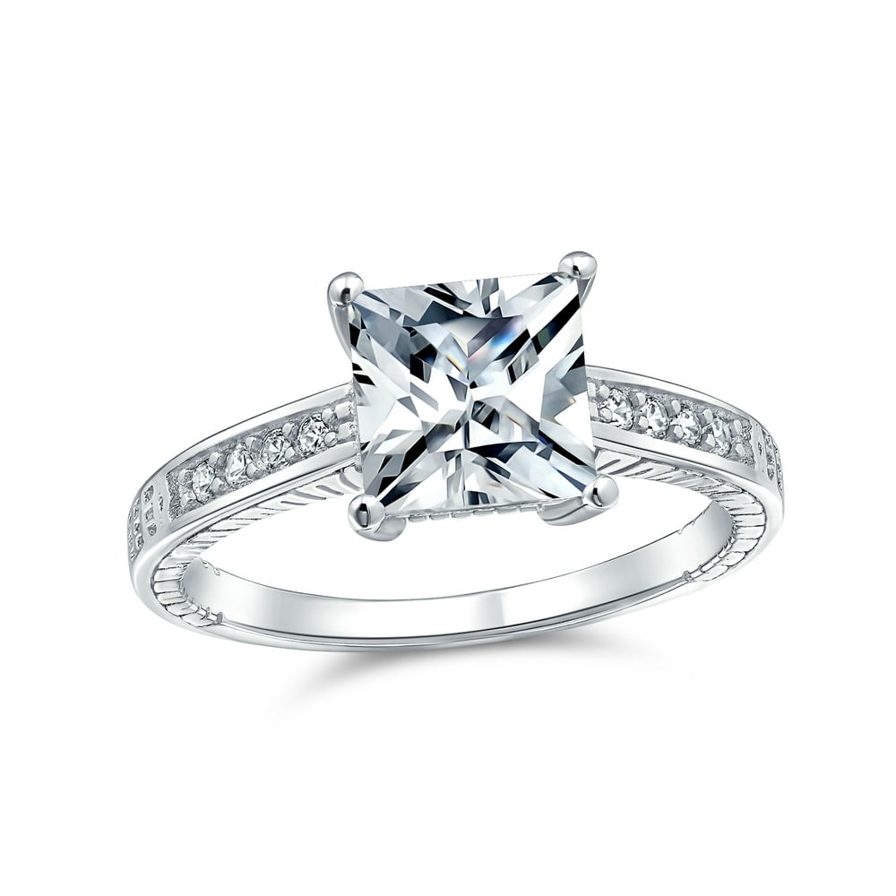 Bling Jewelry - 3CT Princess Cut Square Solitaire Milgrain Pave Band ...