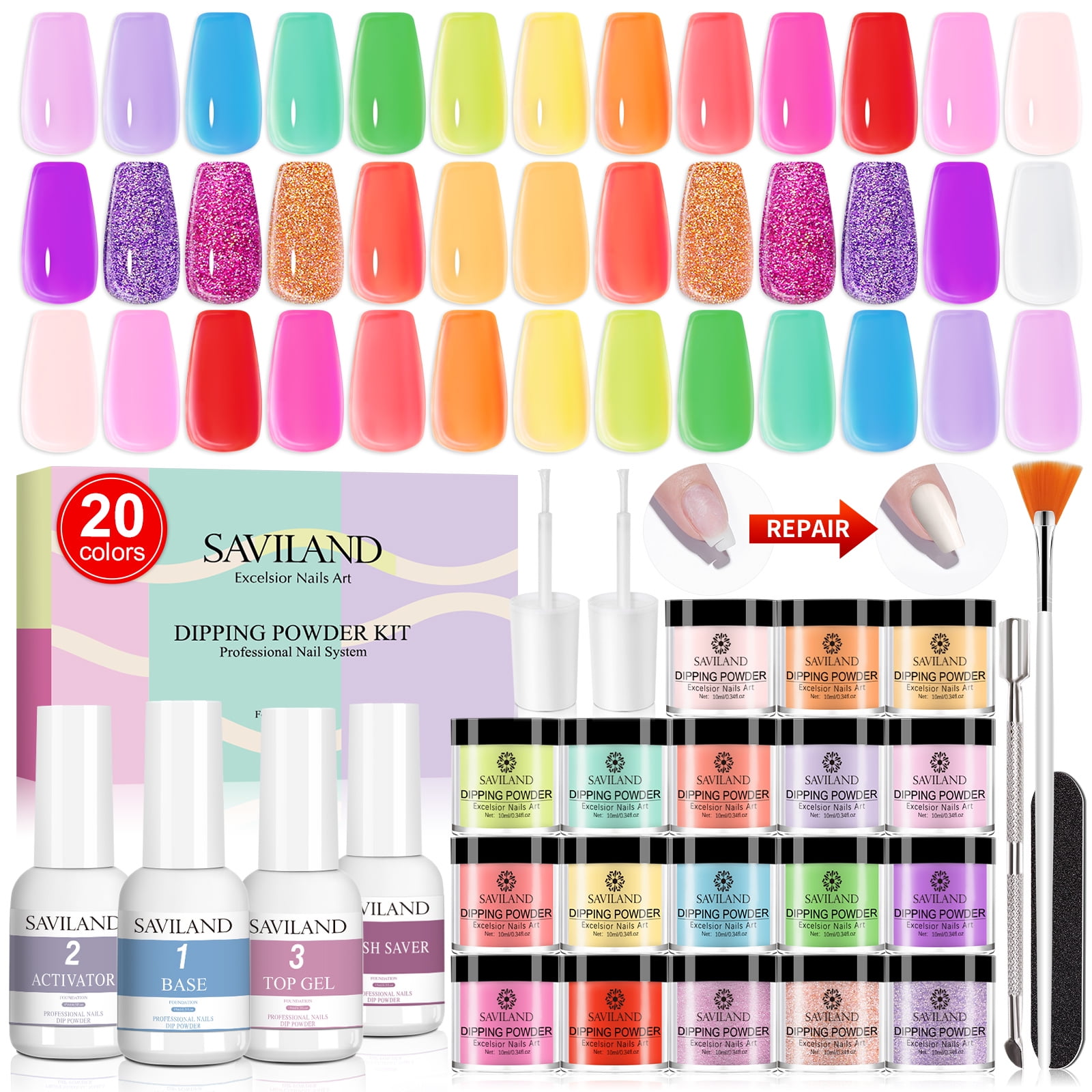 Saviland 29Pcs Dip Powder Nail Kit with Everything - 20 Colors Dipping ...