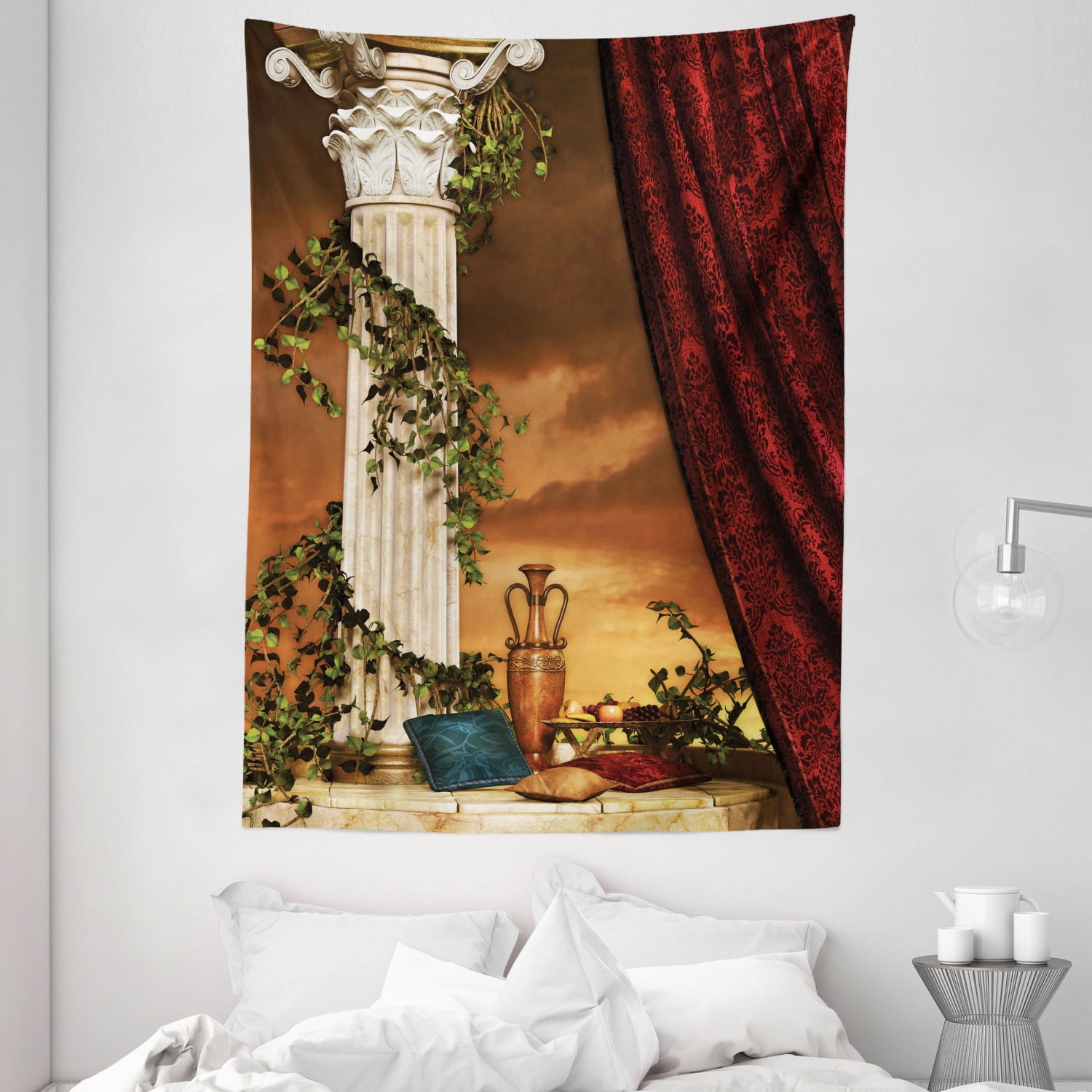 Gothic Tapestry, Greek Style Scene Climber Pillow Fruits Vine and Red ...