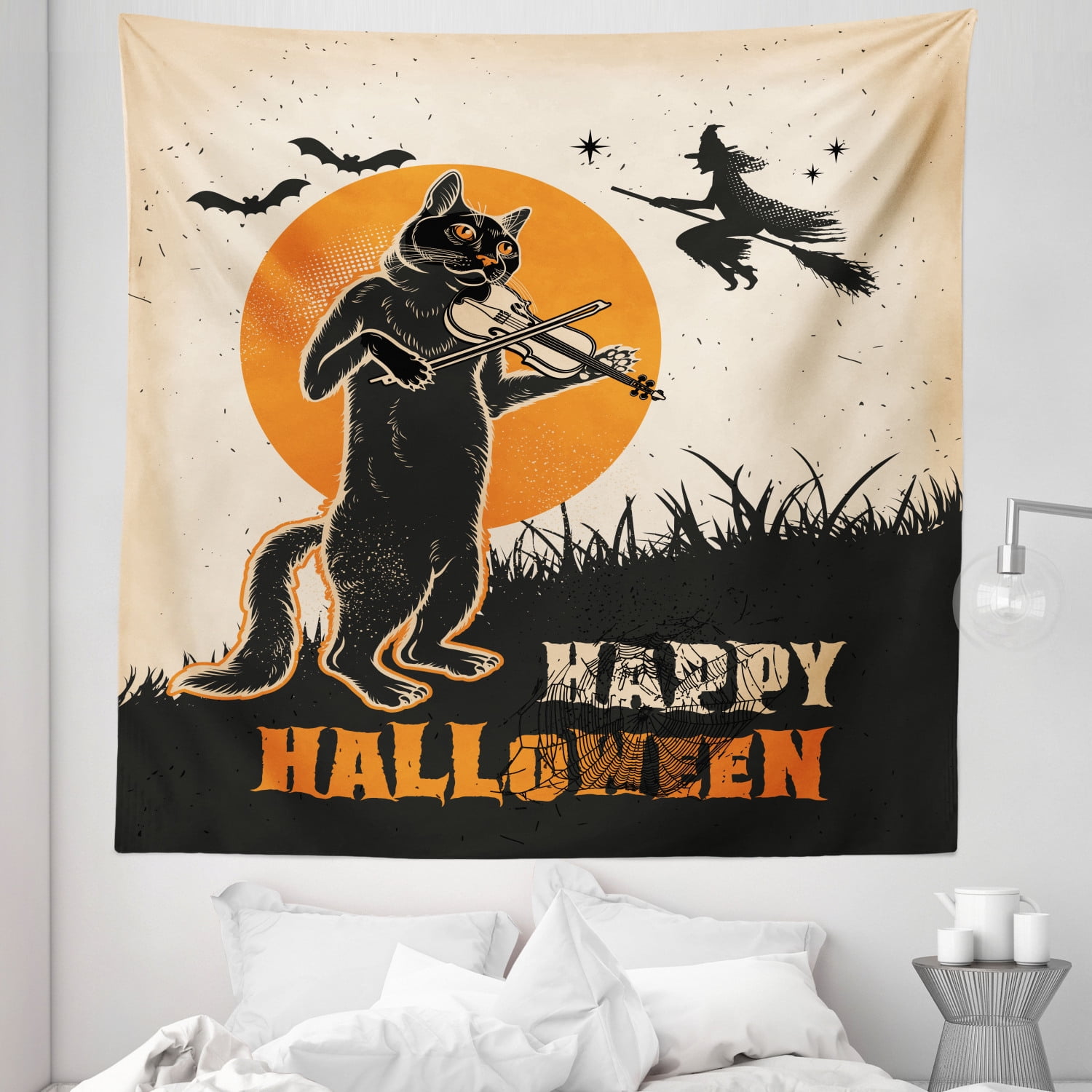 Halloween Tapestry, Vintage Graphic of Black Cat Playing Violin with ...