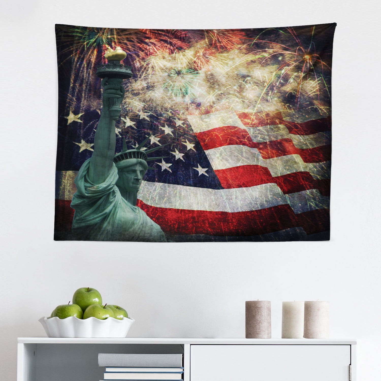 American Flag Tapestry, NYC Collage with Famous Monuments Wall Street ...