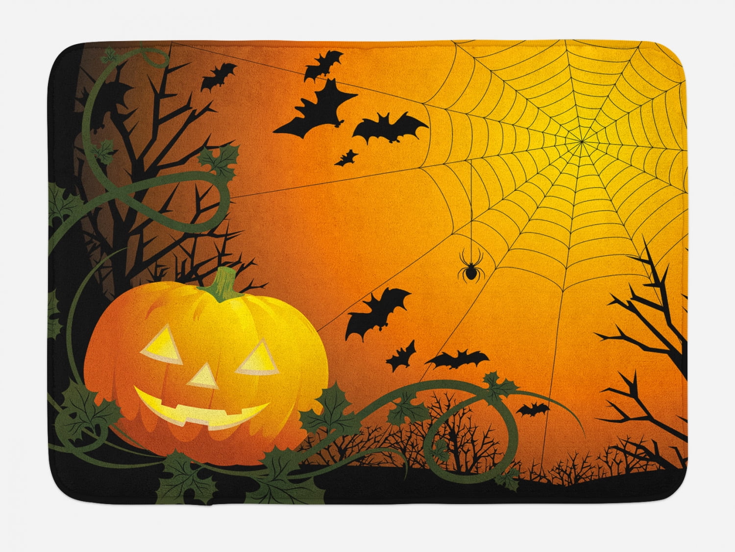 Spider Web Bath Mat, Halloween Themed Composition with Pumpkin Leaves ...