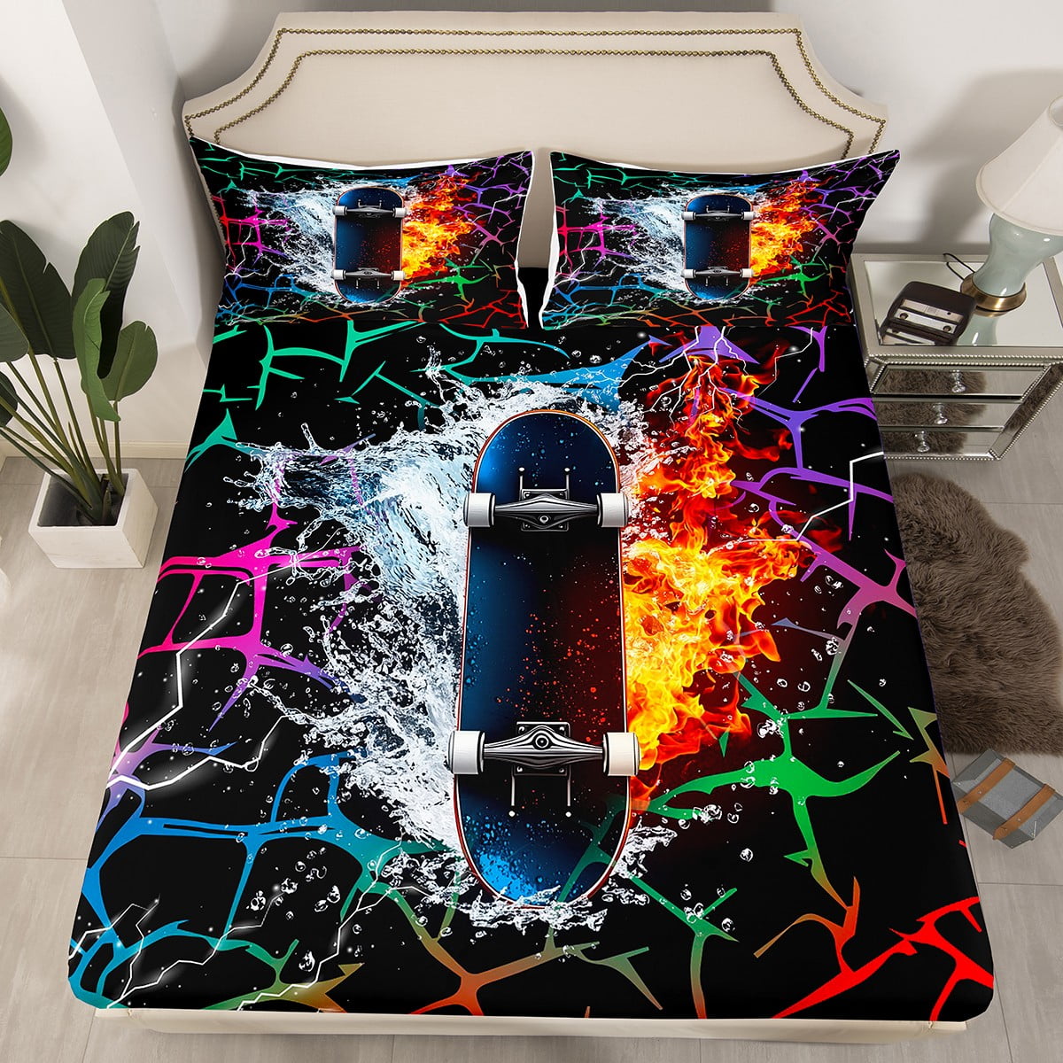 Click here for Yst Skateboard Bed Sheets Queen For Boys Ice Fire... prices
