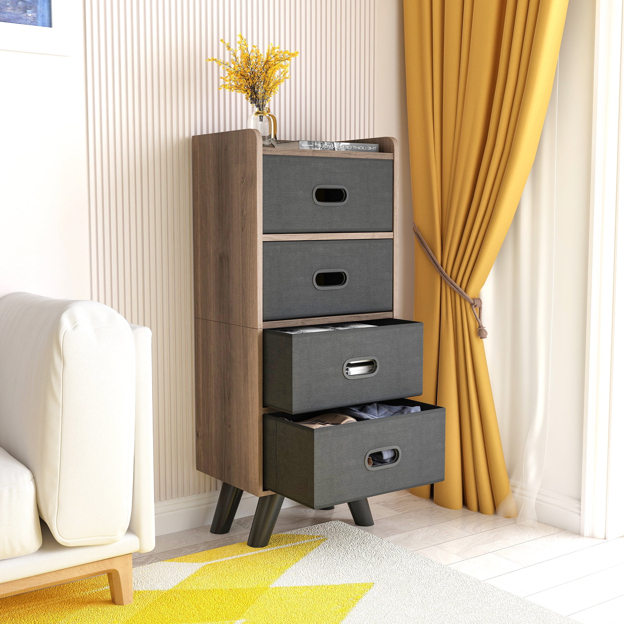Tall Dresser Storage Tower Stand with 4 Removable Fabric Drawers - Wood ...