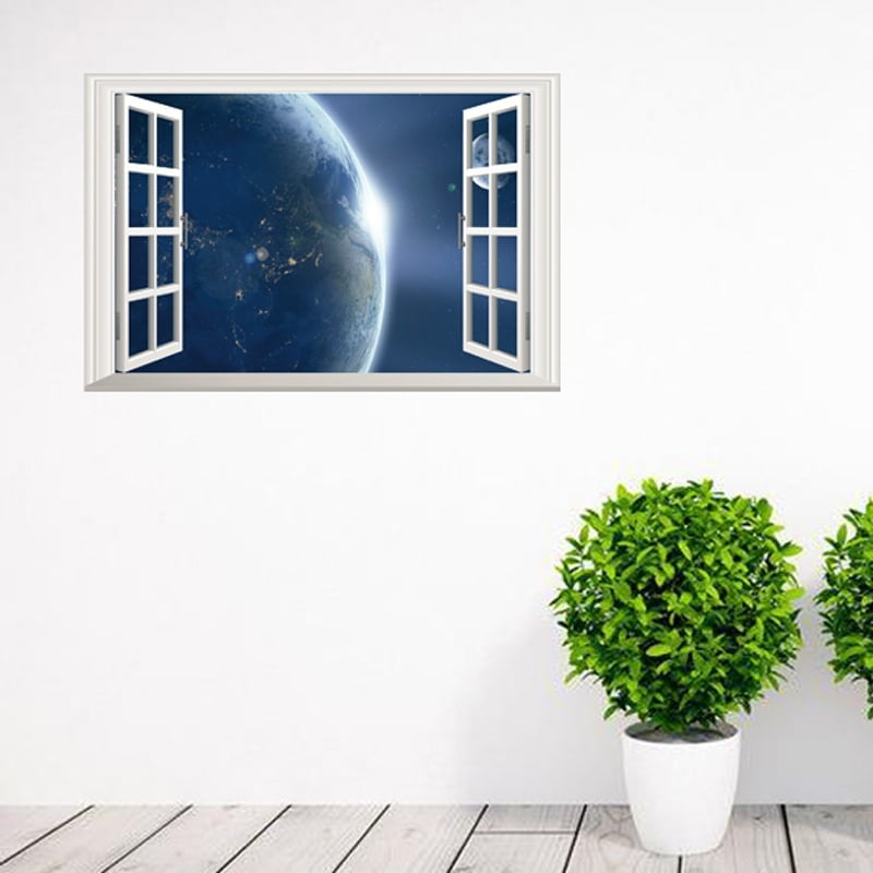 1pc 3D Window Effect Earth Space Wall Stickers Home Decor Baby Boy Room ...