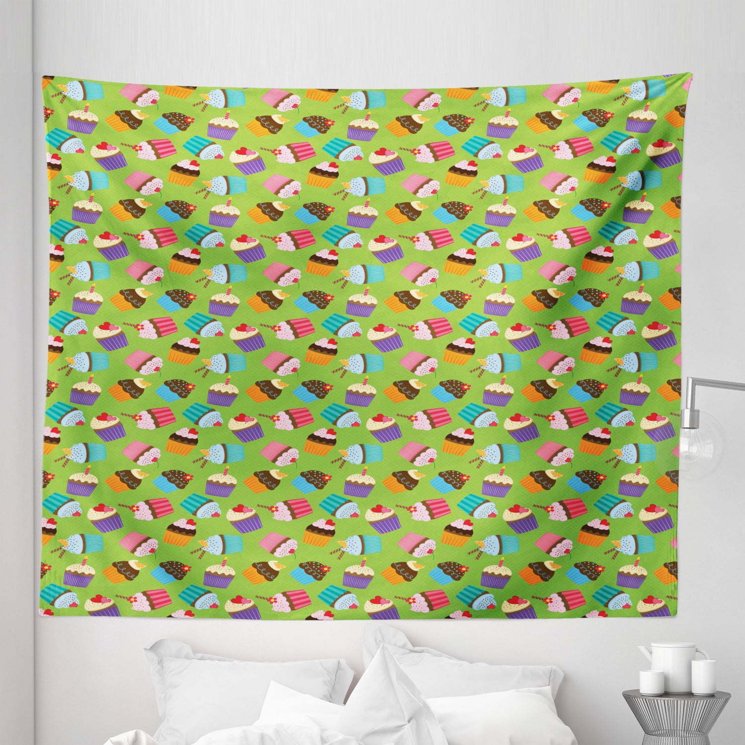 Birthday Party Tapestry, Illustration of Creamy Cupcakes with Sprinkles ...