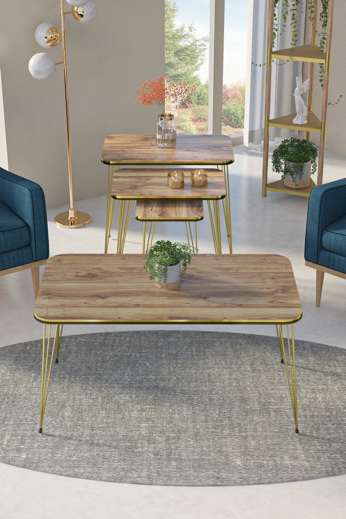 Walnut Coffee Table Set with 4 PCS,Rectangular Set With 3 Modern ...