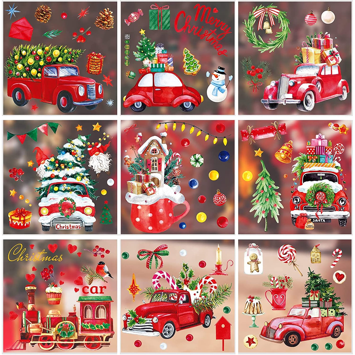 Husfou 9 Sheets Christmas Window Clings Red Truck Window Stickers for ...