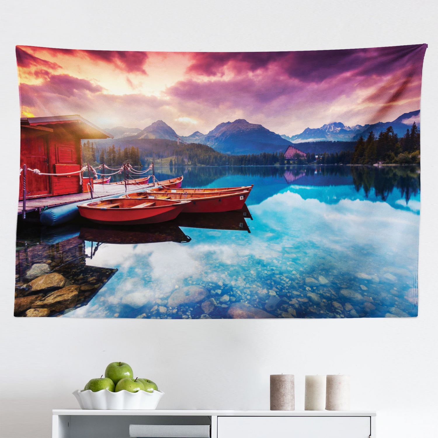 Landscape Tapestry, Still Calm Lake and Mountain Landscape with Rock ...