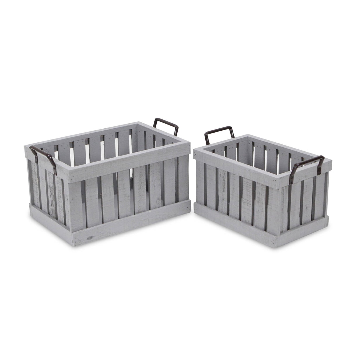 Set of 2 wood slat crates with side metal handles - Gray - Walmart.com