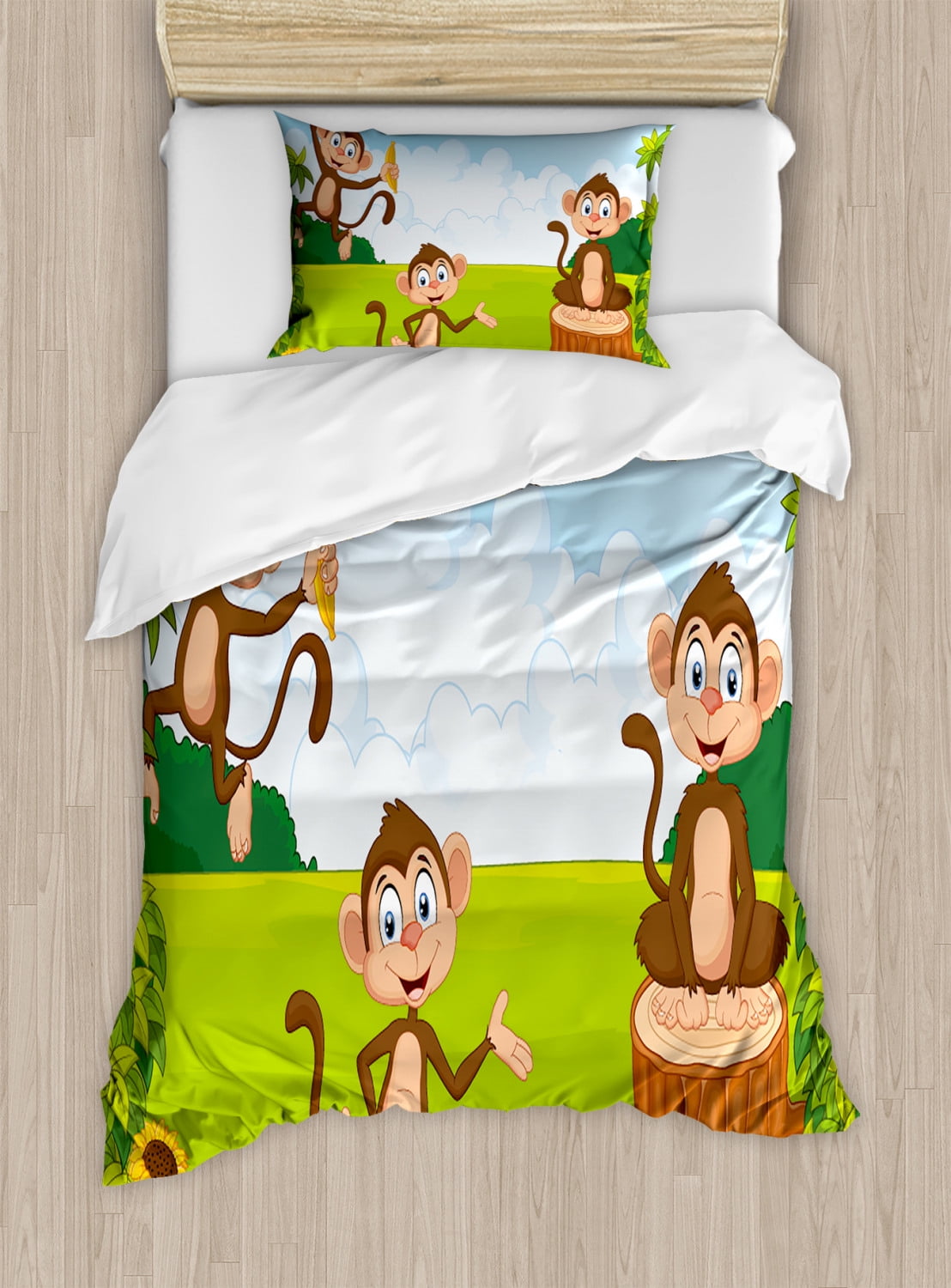 Nursery Twin Size Duvet Cover Set, Three Monkeys Playing in a Tropical ...
