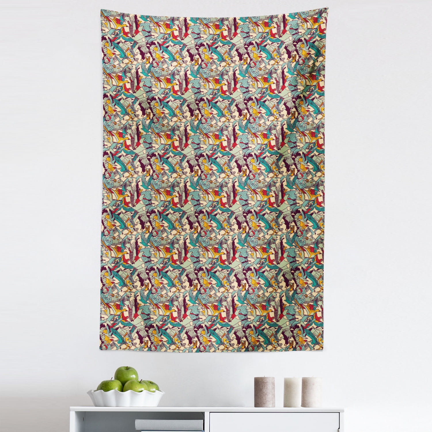 Birds Tapestry, Colorful Clutter of Flying Creatures in Vintage Cartoon ...