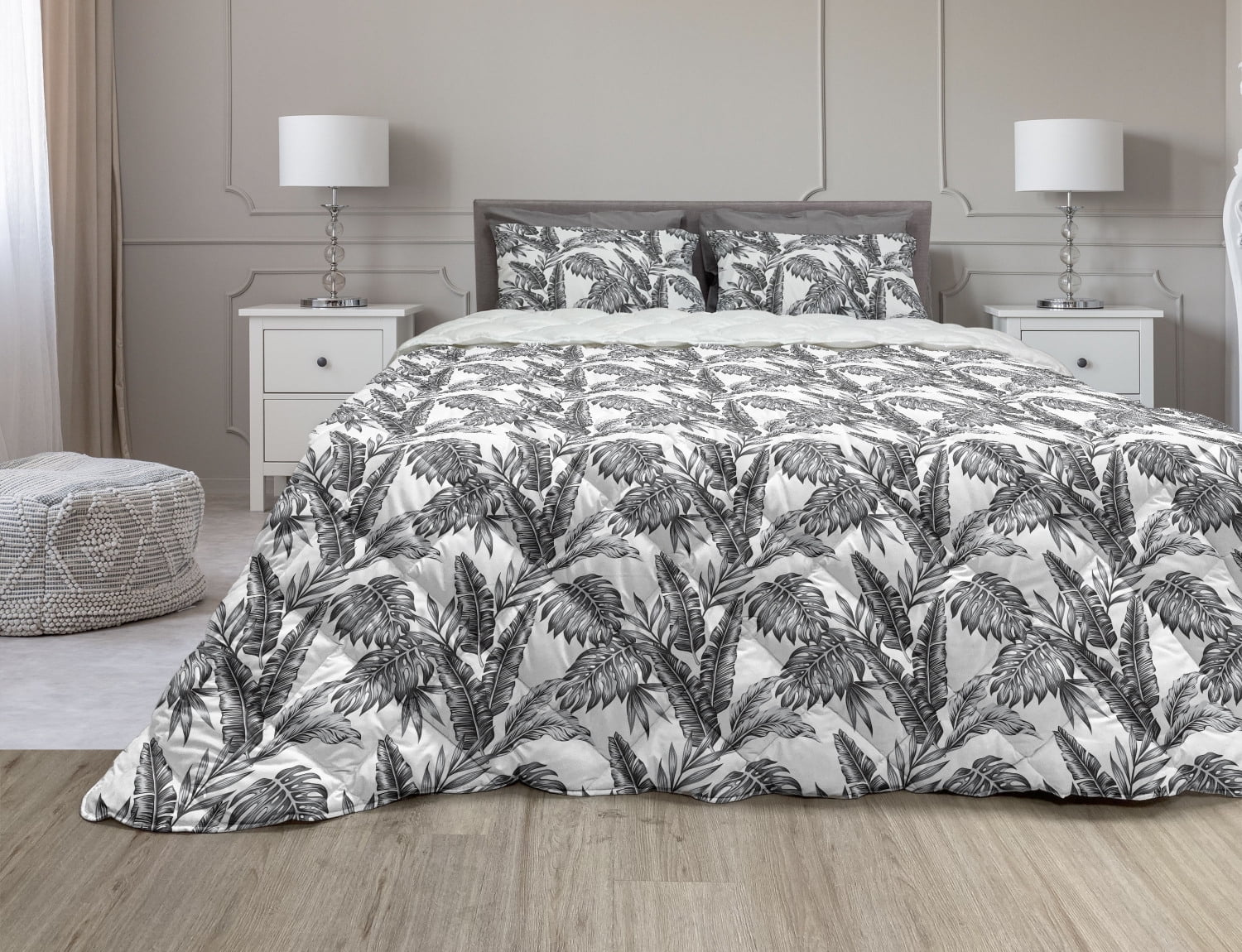 Jungle Comforter & Sham Bedding Set, Monochrome Tropical Plants Palm ...